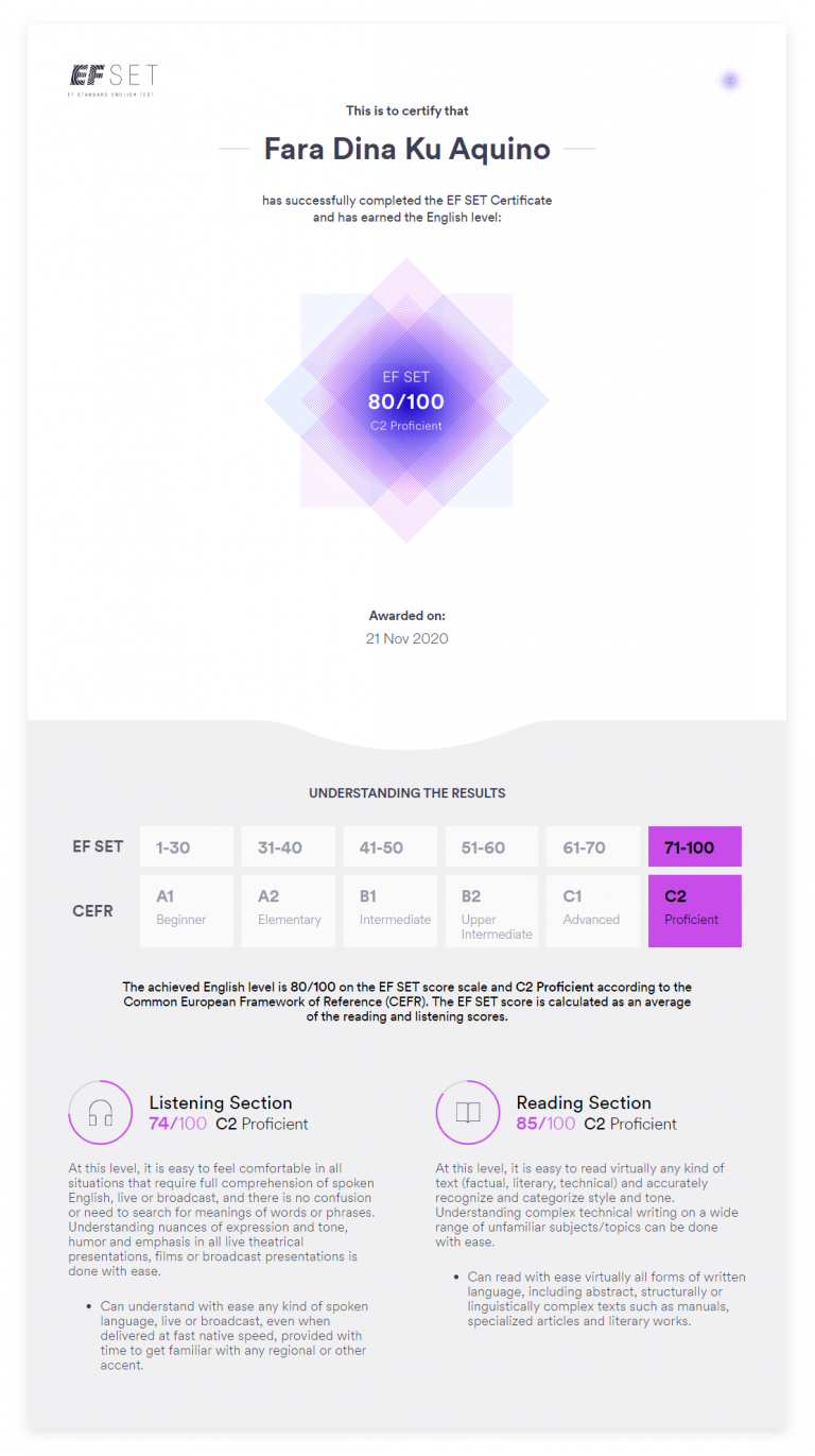 Certification: English Level EF SET 80/100, C2 Proficient - Fara Dina